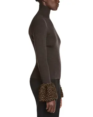 Alexander McQueen Wool Ribbed Turtleneck Sweater With Feathered Cuffs