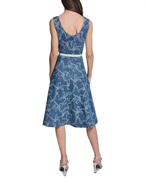 Karl Lagerfeld Paris Printed Denim Midi Dress With Belt