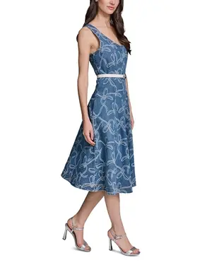 Karl Lagerfeld Paris Printed Denim Midi Dress With Belt