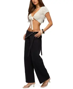 EDIKTED Button Foldover Low Rise Baggy Jeans - Denim-black