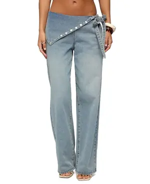 EDIKTED Button Foldover Low Rise Baggy Jeans Light-blue
