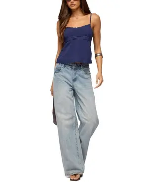 EDIKTED Michal Eyelet Babydoll Tank Top - Navy