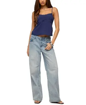EDIKTED Michal Eyelet Babydoll Tank Top - Navy