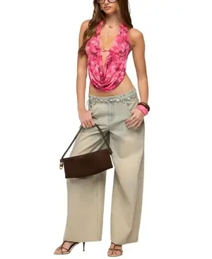 EDIKTED Floral Mesh Cowl Neck Halter Top