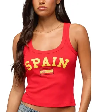 EDIKTED Ribbed Tank Top With Spain Graphic - Red