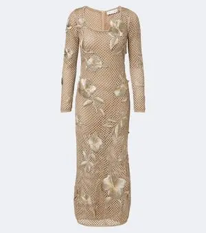 Oscar De La Renta Floral Appliqué Open-knit Midi Dress
