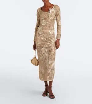 Oscar De La Renta Floral Appliqué Open-knit Midi Dress