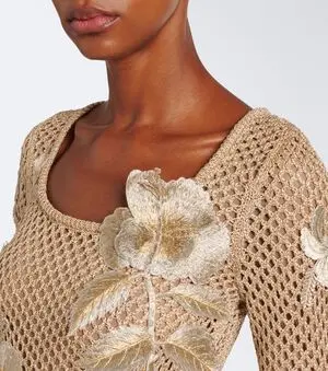 Oscar De La Renta Floral Appliqué Open-knit Midi Dress