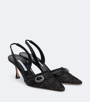 Manolo Blahnik Embellished Pointed Toe Slingback Pumps - Black