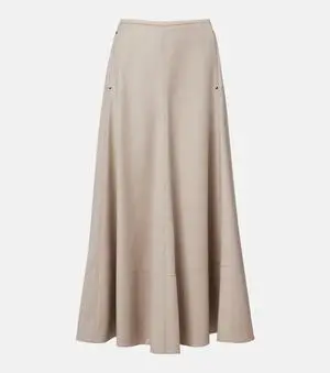 Agnona Leather-trimmed Wool Flannel Midi Skirt - Beige