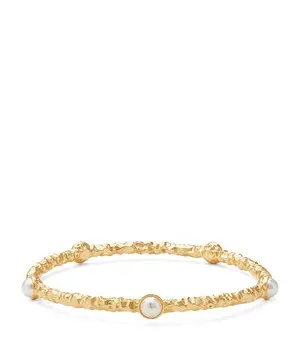 Halcyon Days Gold-plated Hammered Bangle With Pearl Motifs - Ivory