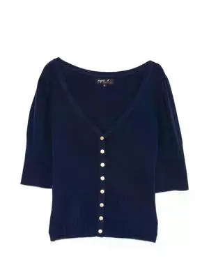 AGNES B. Agnès B. Navy Blue Cotton Fine Knit V-Neck Button-Up Top With Puffed Shoulders