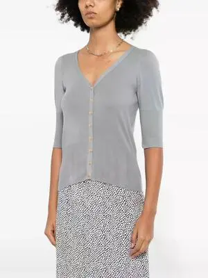 AGNES B. V-neck Half-sleeve Knit Top With Gold-tone Buttons - Grey