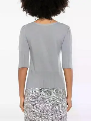 AGNES B. V-neck Half-sleeve Knit Top With Gold-tone Buttons - Grey
