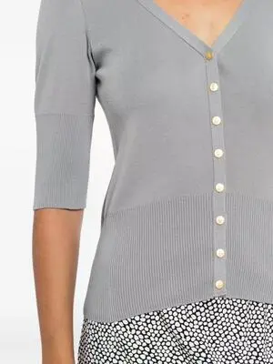 AGNES B. V-neck Half-sleeve Knit Top With Gold-tone Buttons - Grey