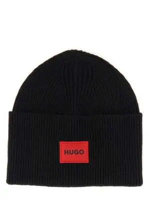 Hugo Rib-knit Beanie With Logo Patch - Black