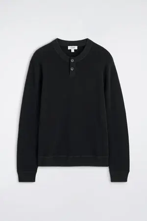 Cos Knitted Cotton Henley Sweater - Black