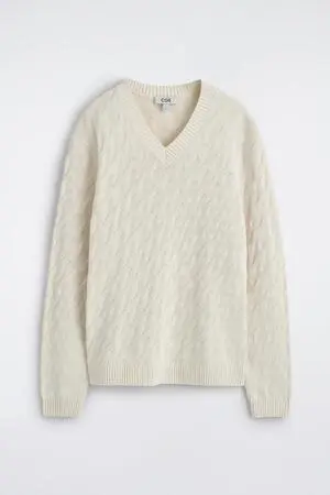 Cos Cable-knit Cotton-silk V-neck Sweater - White