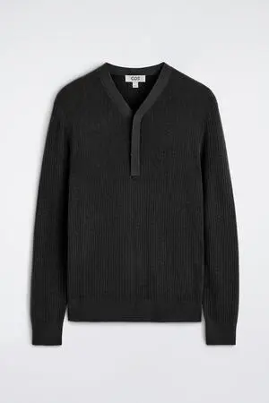 Cos Ribbed-knit Henley Top - Black