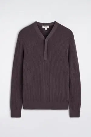 Cos Ribbed-knit Henley Top - Red