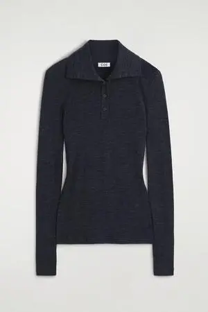 Cos Merino Wool Buttoned Mock-neck Top - Gray