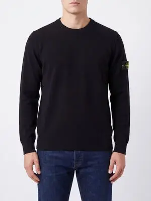 Stone Island Virgin Wool Crewneck Jumper With Compass Logo Patch - Black