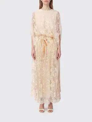 Zimmermann Long Tunic In Cotton Lace With Short Sleeves And Waist Belt - Cream