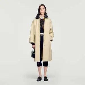 Sandro Long Coat With Leather Collar