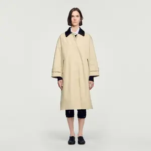 Sandro Long Coat With Leather Collar