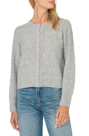 CECE DUPRAZ Lace Trim Pointelle Knit Cardigan - Light Heather Grey