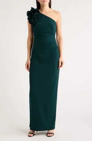XSCAPE EVENINGS One-shoulder Ruffle Crepe Dress - Pine