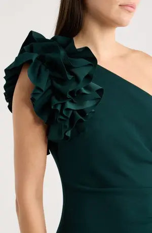 XSCAPE EVENINGS One-shoulder Ruffle Crepe Dress