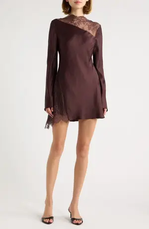 Shona Joy Allgra Asymmetric Lace Panel Charmeuse Minidress - Espresso