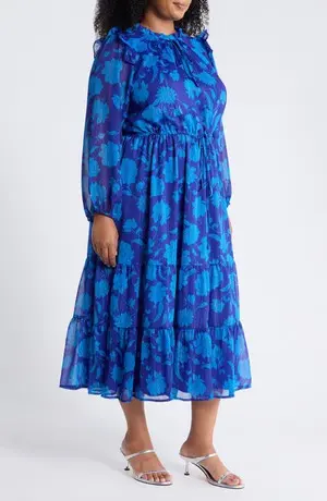 SUGARLIPS Kristen Balloon Sleeve Tiered Midi Dress
