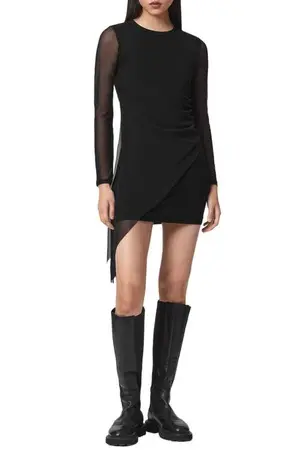 ALLSAINTS Riley Sheer Sleeve Mesh Panel Draped Mini Dress - Black