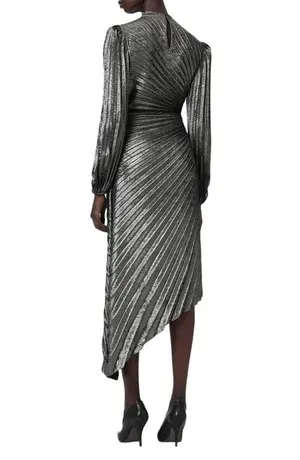 ALLSAINTS Milena Pleated Metallic Midi Dress