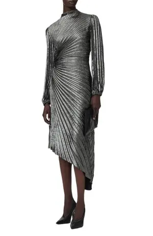ALLSAINTS Milena Pleated Metallic Midi Dress