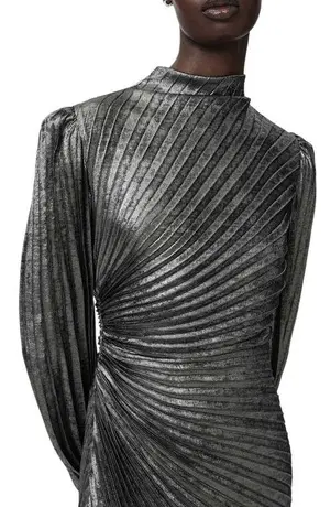 ALLSAINTS Milena Pleated Metallic Midi Dress
