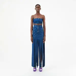 UCHÈ Medusa Fringe Maxi Skirt - Denim/blue