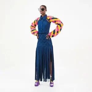 UCHÈ Medusa Fringe Maxi Skirt - Denim/blue