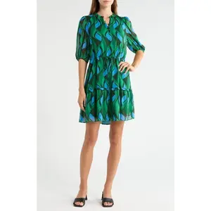 SUGARLIPS Abstract Print Tiered Mini Dress - Emerald Blue