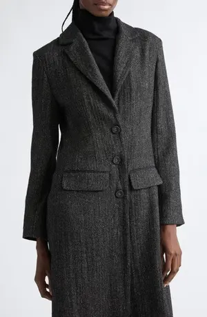 MERUERT TOLEGEN Herringbone Linen & Wool Blend Tailored Overcoat