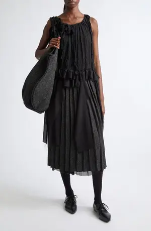 MERUERT TOLEGEN Pleated Herringbone Linen & Wool Blend Midi Skirt