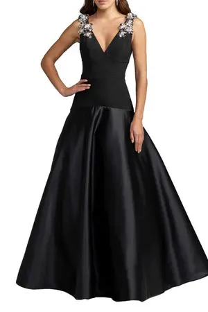 Mac Duggal Crepe And Satin Plunging V-neck Ballgown