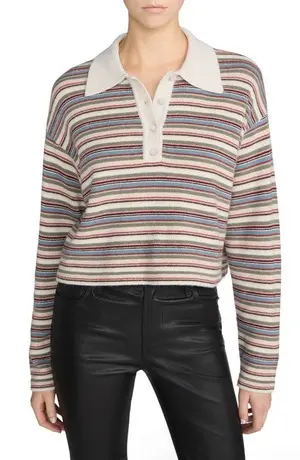 FRAME The Quad Stripe Polo Sweater - Sky Blue Multi Stripe