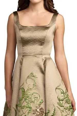 Mac Duggal Embroidered Floral Jacquard A-line Midi Dress