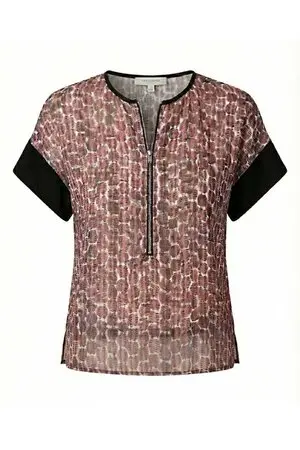CONQUISTA Elegant Printed Zip-front Blouse With Contrast Sleeves - Black