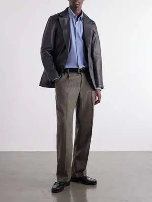 Portuguese Flannel Straight-leg Pleated Wool Herringbone Trousers