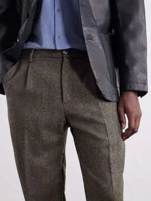 Portuguese Flannel Straight-leg Pleated Wool Herringbone Trousers