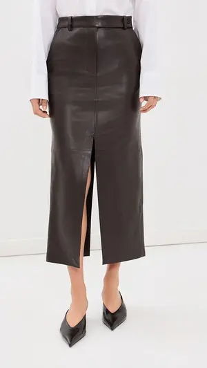 Co Double Slit Leather Pencil Skirt - Chocolate
